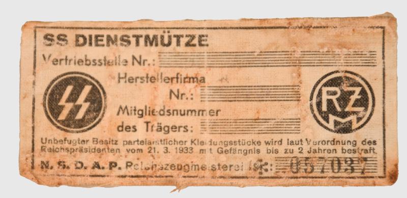 Regimentals | GERMAN WWII EARLY SS RZM LABEL.